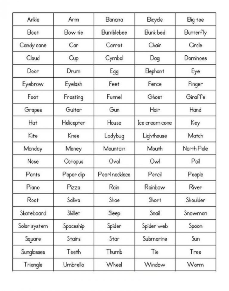 Pictionary Words For Kids All Genre Educative Printable